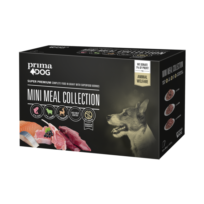PrimaDog våd foder - 12 små lækre måltider i sovs til din hund